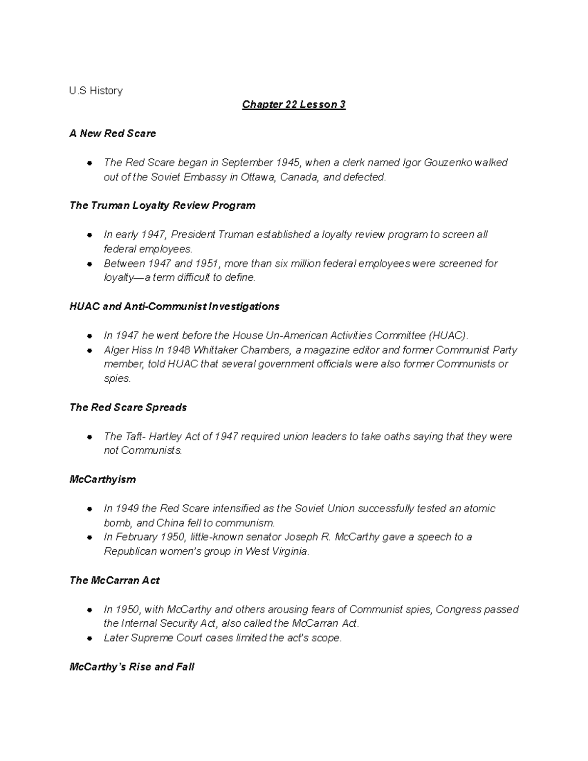 lecture course work and assignments for United States History class ...