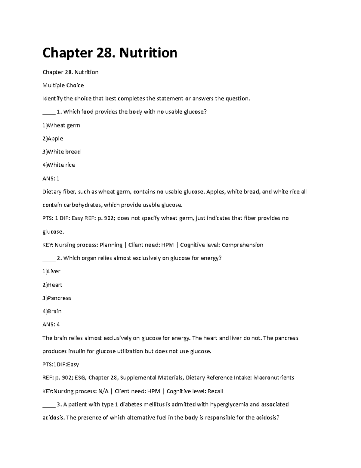 Chapter 28 - helpful test questions - Chapter 28. Nutrition Chapter 28 ...