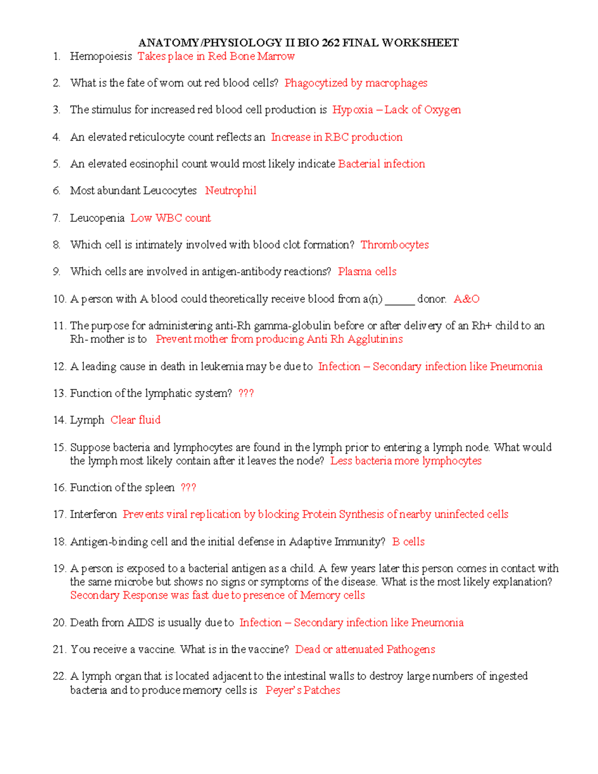 AP II Bio 262 Final Worksheet with Answers - Hemopoiesis Takes place in ...