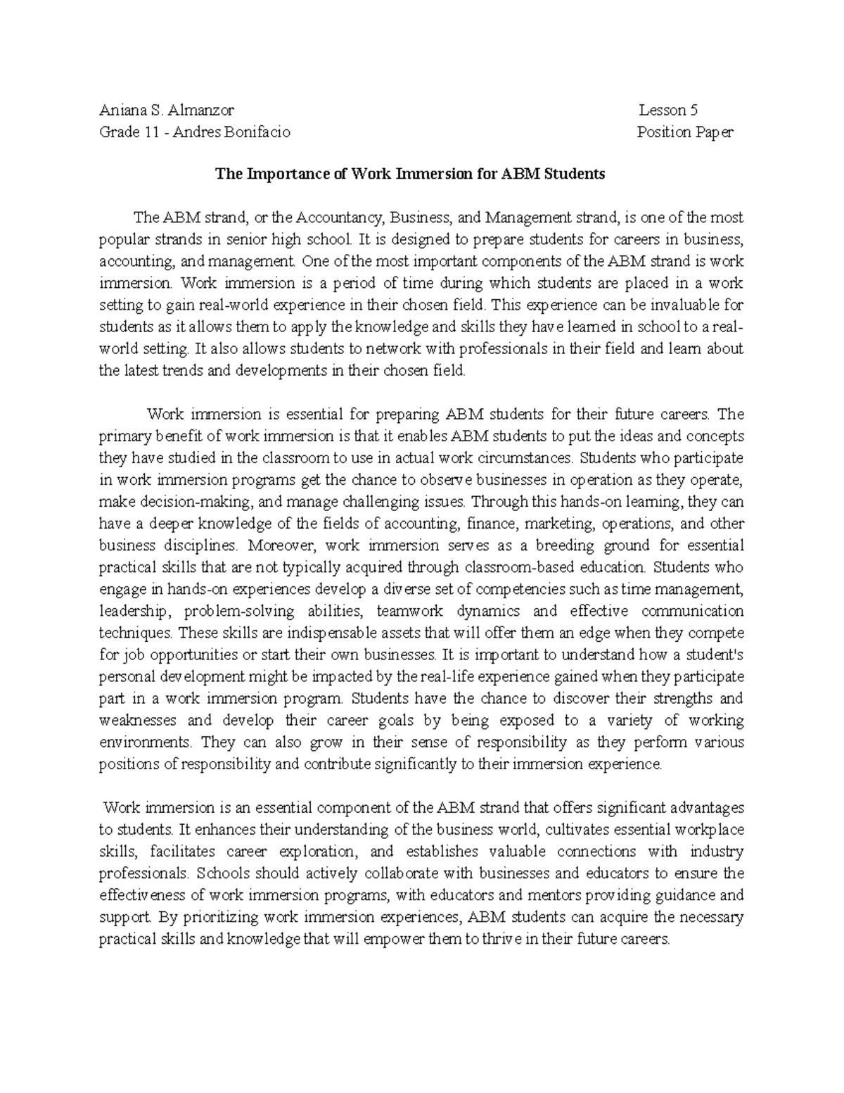 Position-paper - This is good - Aniana S. Almanzor Lesson 5 Grade 11 ...