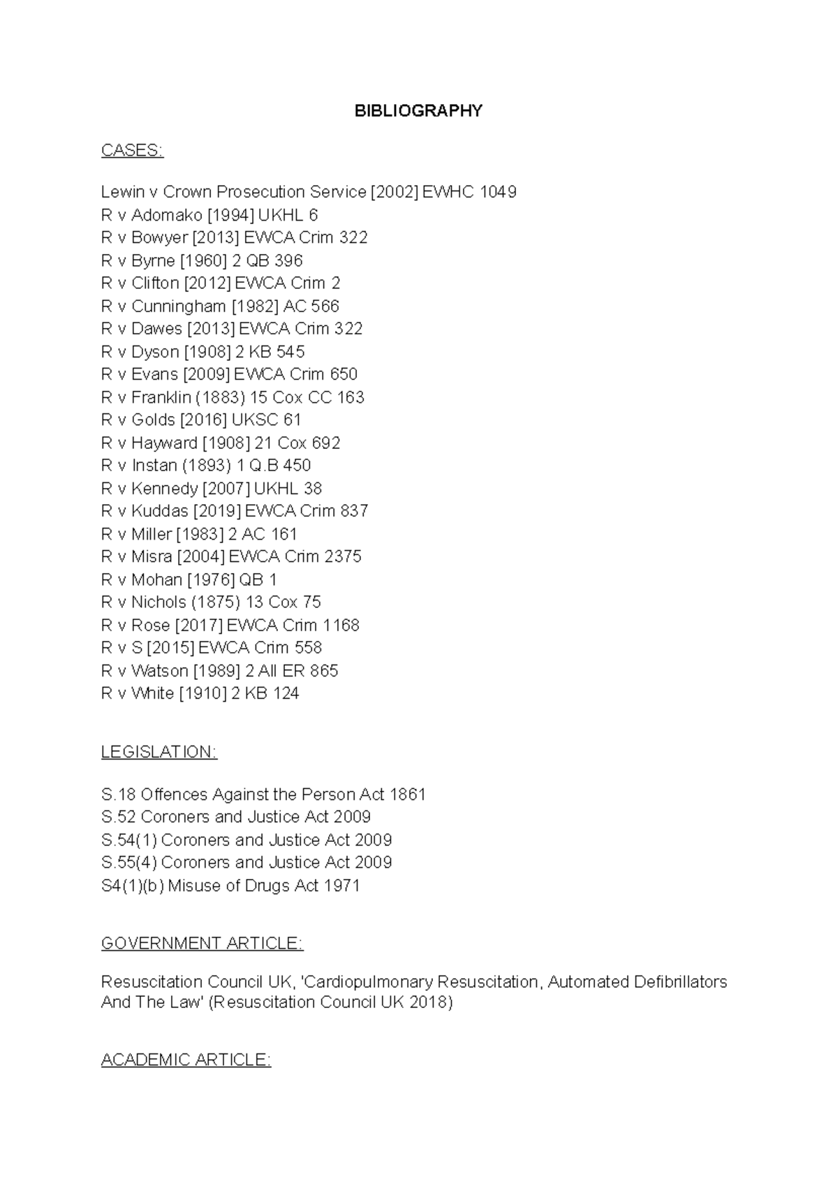 CRIM AN Biblo - BIBLIOGRAPHY GOVERNMENT ARTICLE: Resuscitation Council ...