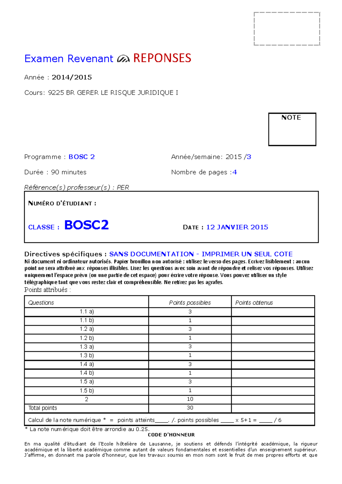 Examen 2015, questions et réponses - Examen Revenant REPONSES Année ...