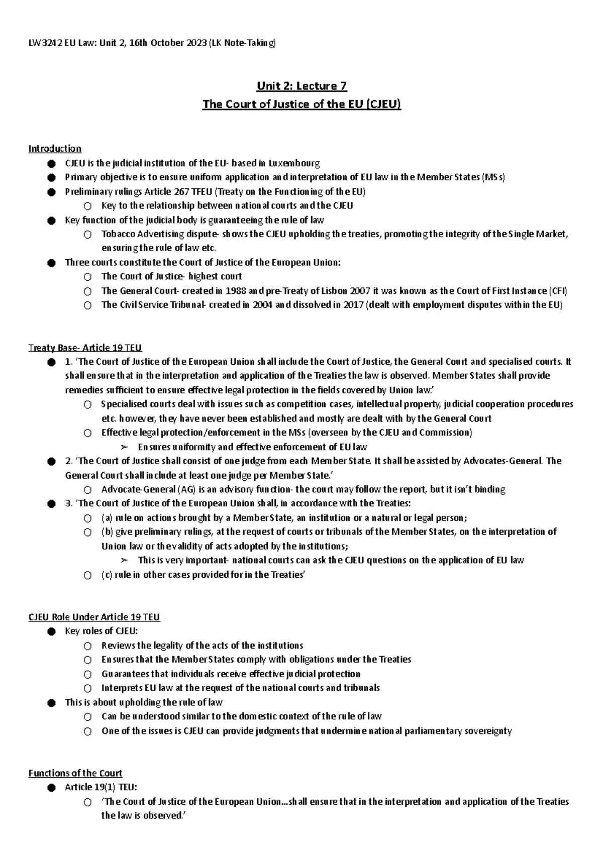 EU Law Unit 2 Lecture 7 - land law - Unit 2: Lecture 7 The Court of Justice of the EU (CJEU ...