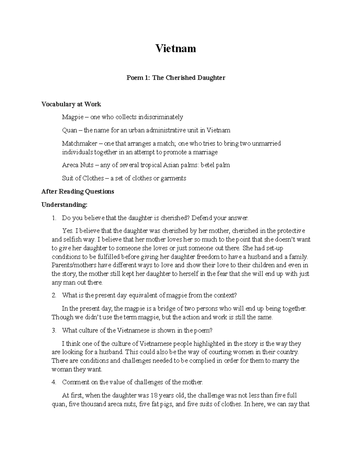 Vietnam poem's understanding - Vietnam Poem 1: The Cherished Daughter ...