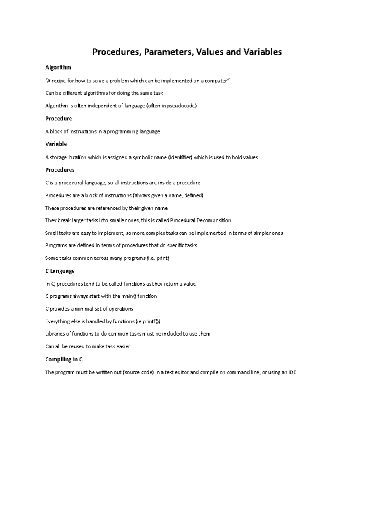 Lecture 1 - Procedures, Parameters, Values and Variables - Procedures ...
