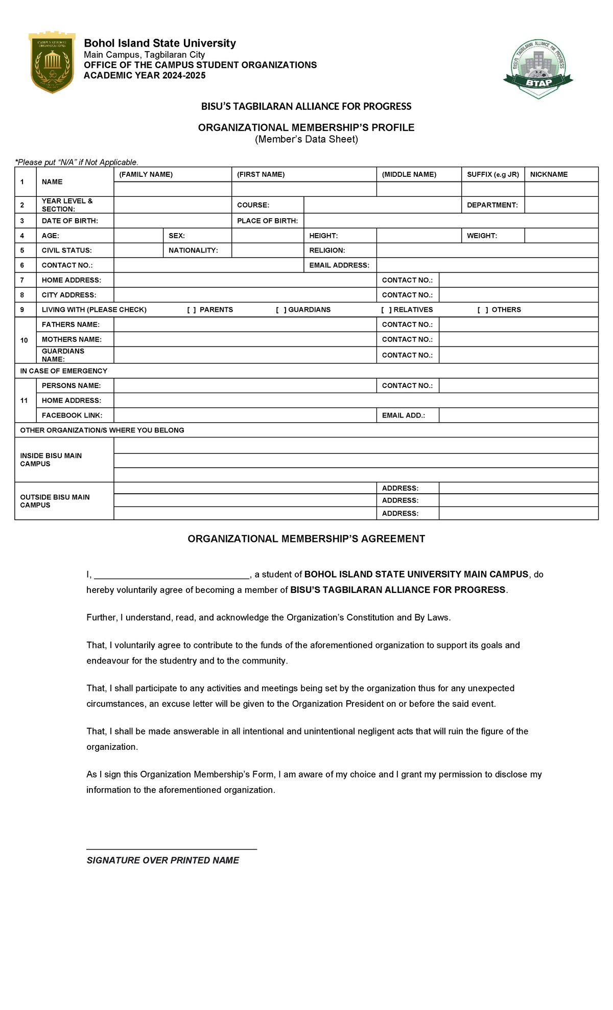 BTAP-Membership-Form - BISU’S TAGBILARAN ALLIANCE FOR PROGRESS ...