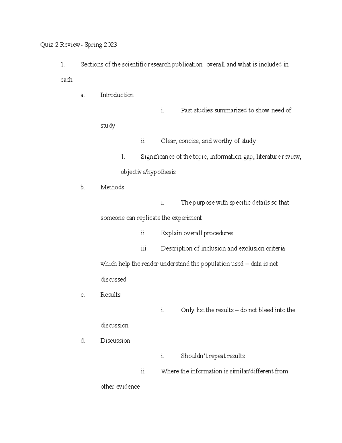 Quiz 2 review 340 - Quiz 2 Review- Spring 2023 Sections of the ...
