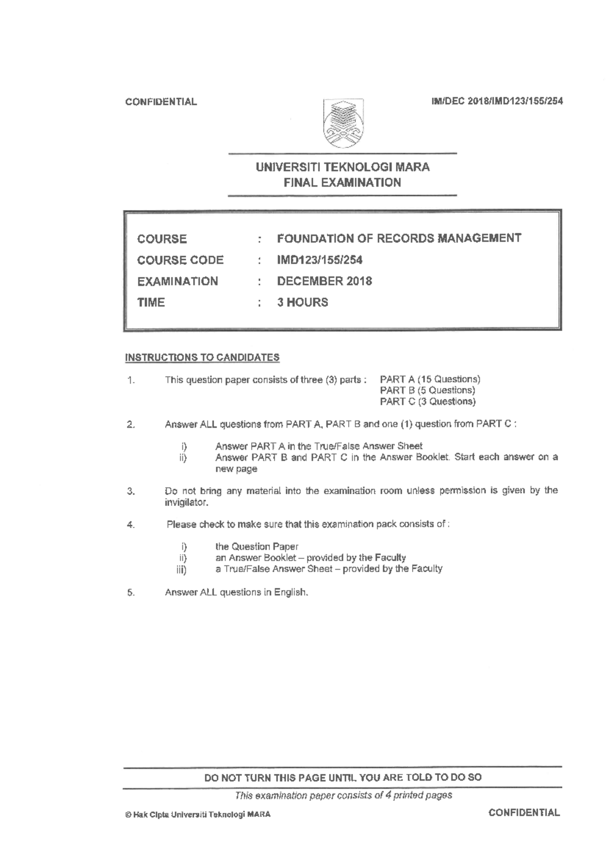 Past Year Final Test IMD 123 - Foundation Of Record Management - Studocu