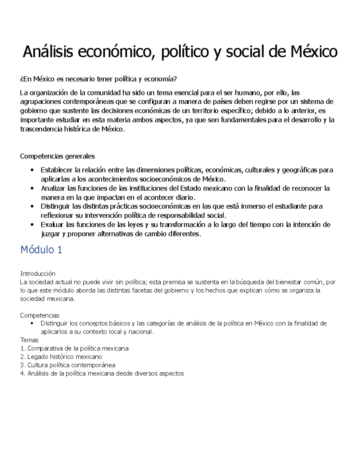 Modulo 1 Análisis Económico Político Y Social De México ¿en México