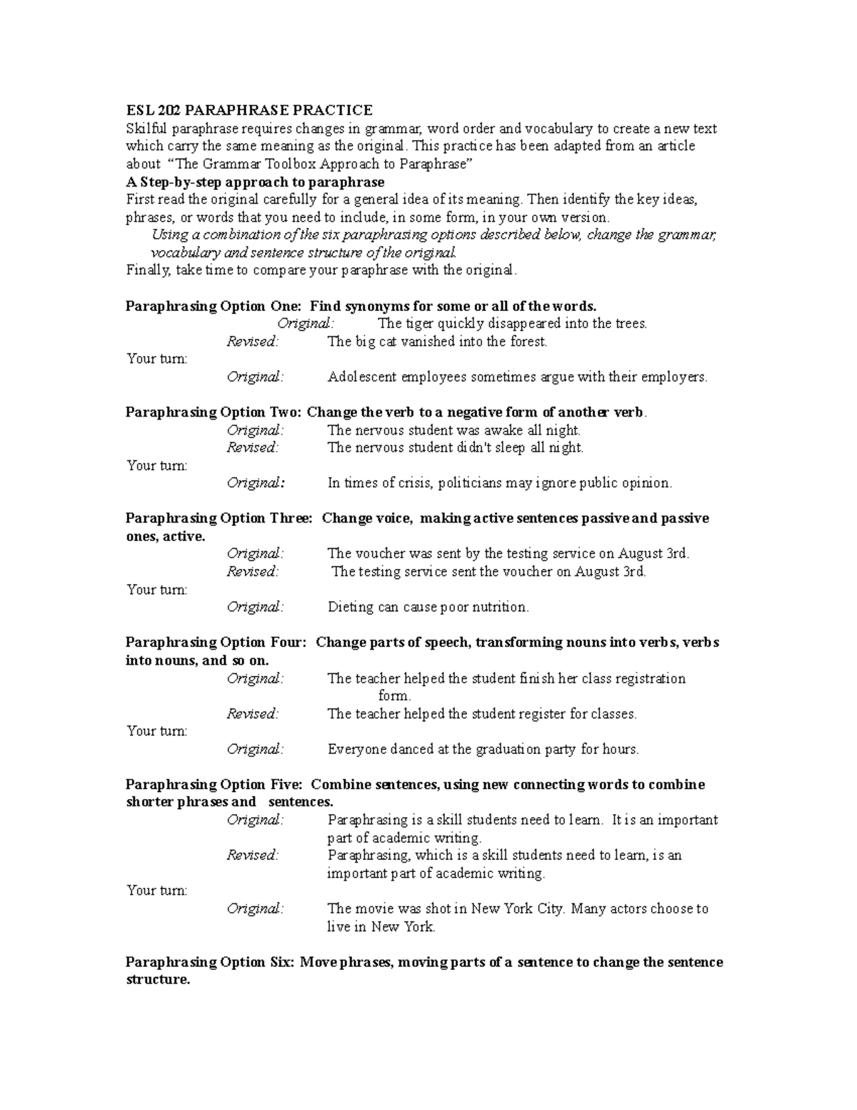 Basics techniques of paraphrase practice tiger - ESL 202 PARAPHRASE ...