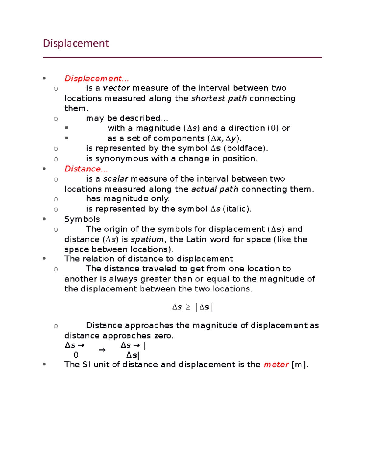 Displacement - .. o is a vector measure of the interval between two ...