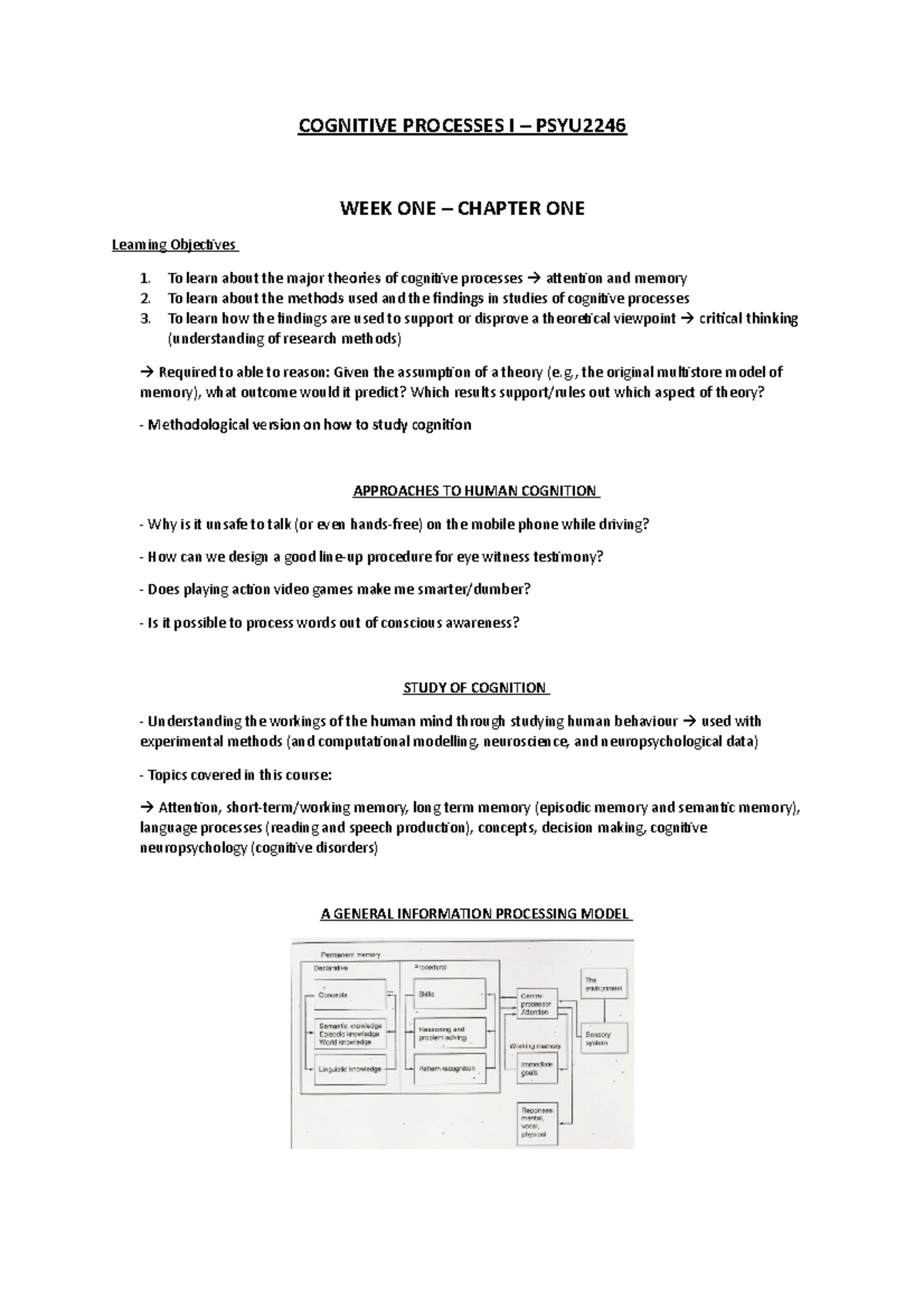 Cognitive Processes I Notes - COGNITIVE PROCESSES I – PSYU WEEK ONE ...