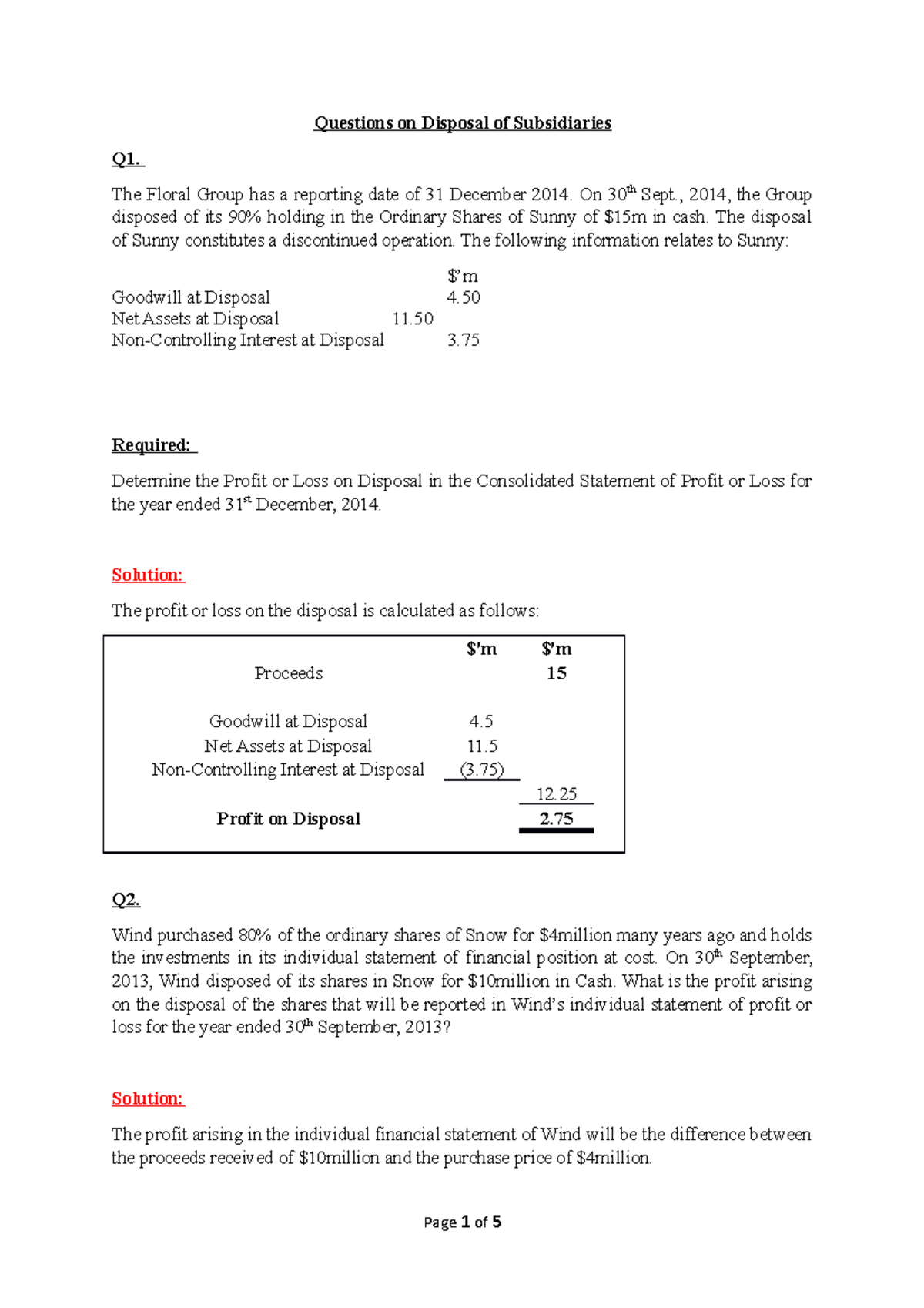 Questions and Solutions on Disposal of Subsidiaries - Questions on ...