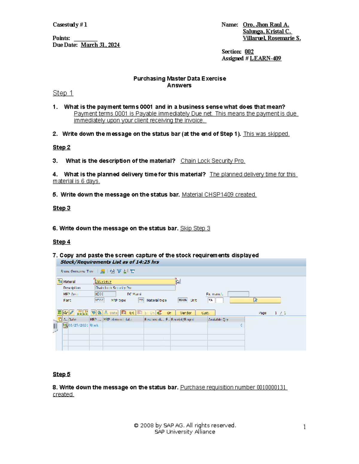 CASE Study 1 Answer Sheet - Salunga, Kristal C. Points ...