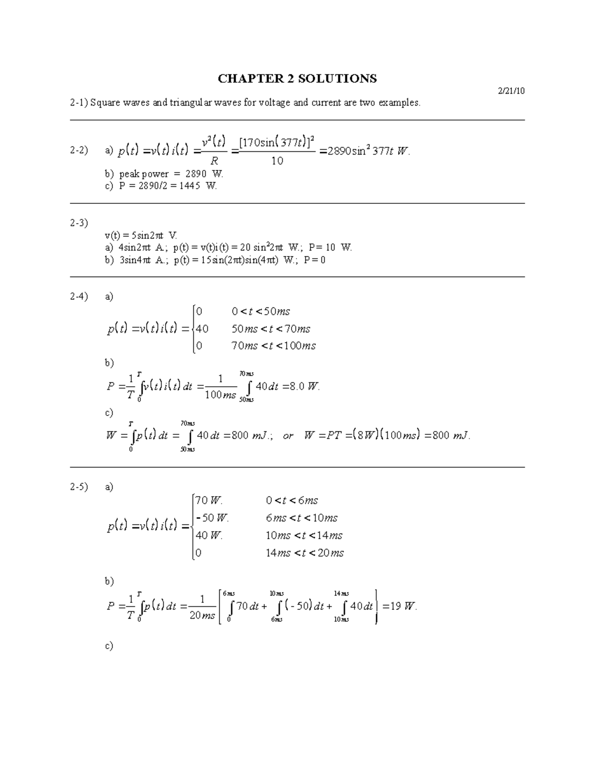 Chap002 - CH2 Solution of Power Electronics by Daniel W.Hart - CHAPTER 2 SOLUTIONS 2/21/ 2-1 ...