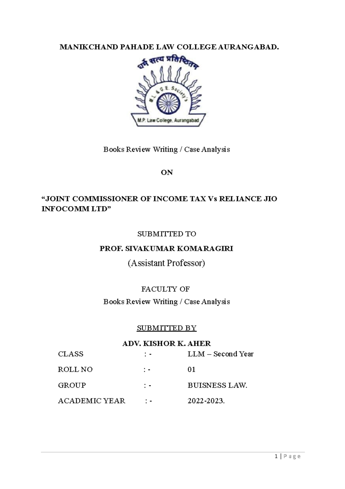 Case Analysis 01 (7) kishor aher - MANIKCHAND PAHADE LAW COLLEGE ...