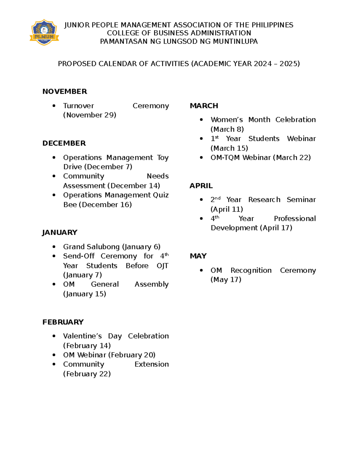 Proposed Calendar OF Activities - JUNIOR PEOPLE MANAGEMENT ASSOCIATION ...