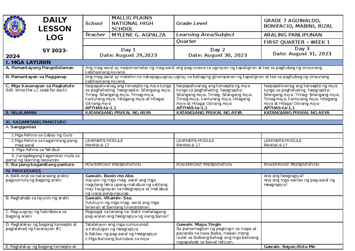 AP 7 WEEK 1 MGA - DLL sa Araling Panlipunan 7 - DAILY LESSON LOG SY ...