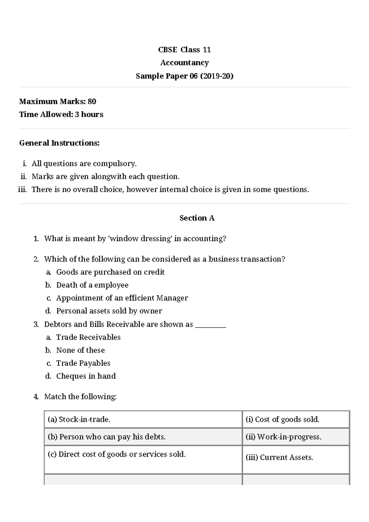 Class 11 Accountancy Accountancy - 2020 - Set - 6 - Maximum Marks: 80 ...