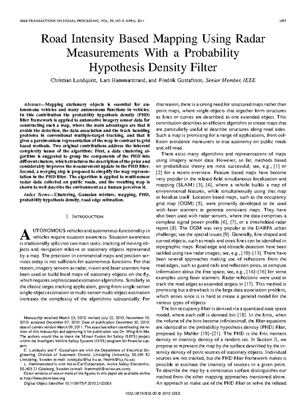 Road intensity Based Mapping - IEEE TRANSACTIONS ON SIGNAL PROCESSING ...