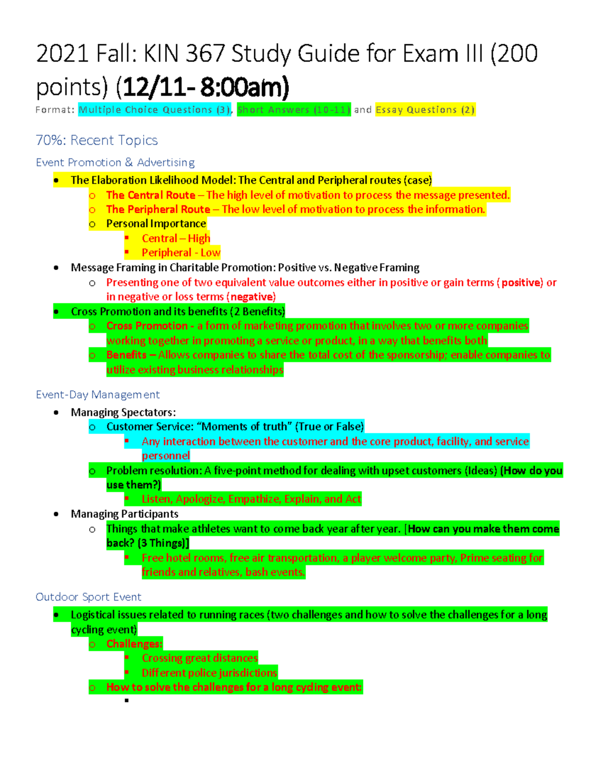 Exam III Study Guide - KIN 367 - 2021 Fall: KIN 367 Study Guide for Exam III ( points) (12/11 ...