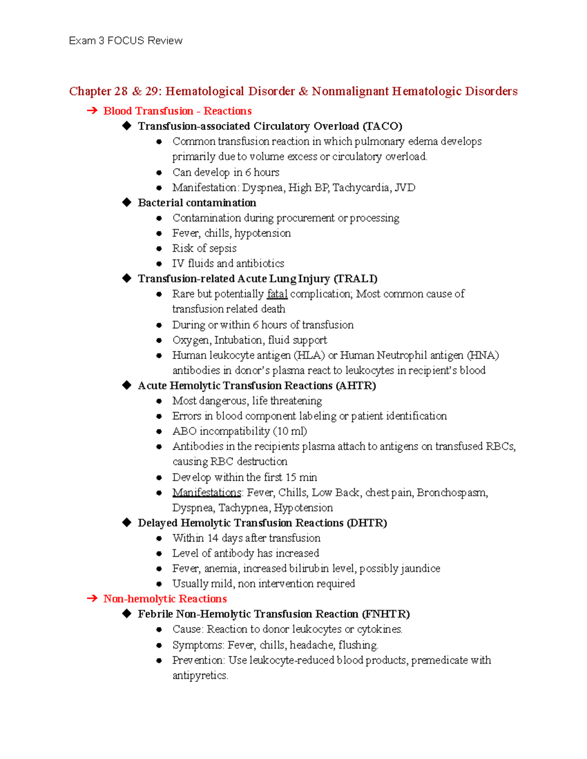 Exam 3 In-class Focus Review - Chapter 28 & 29: Hematological Disorder ...
