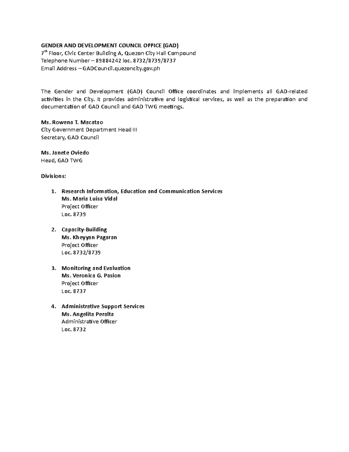 GAD - directory - GENDER AND DEVELOPMENT COUNCIL OFFICE (GAD) 7 th ...