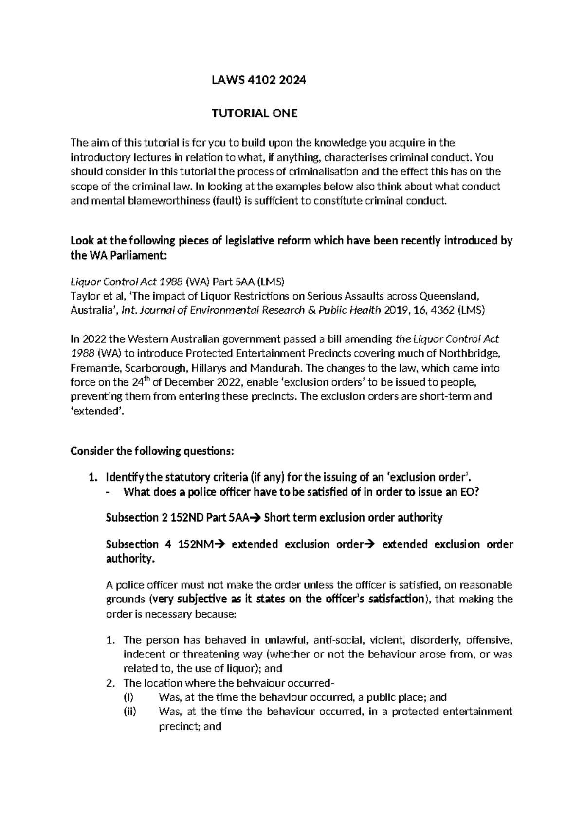 LAWS4102 tutorial 1 - LAWS 4102 2024 TUTORIAL ONE The aim of this tutorial is for you to build ...