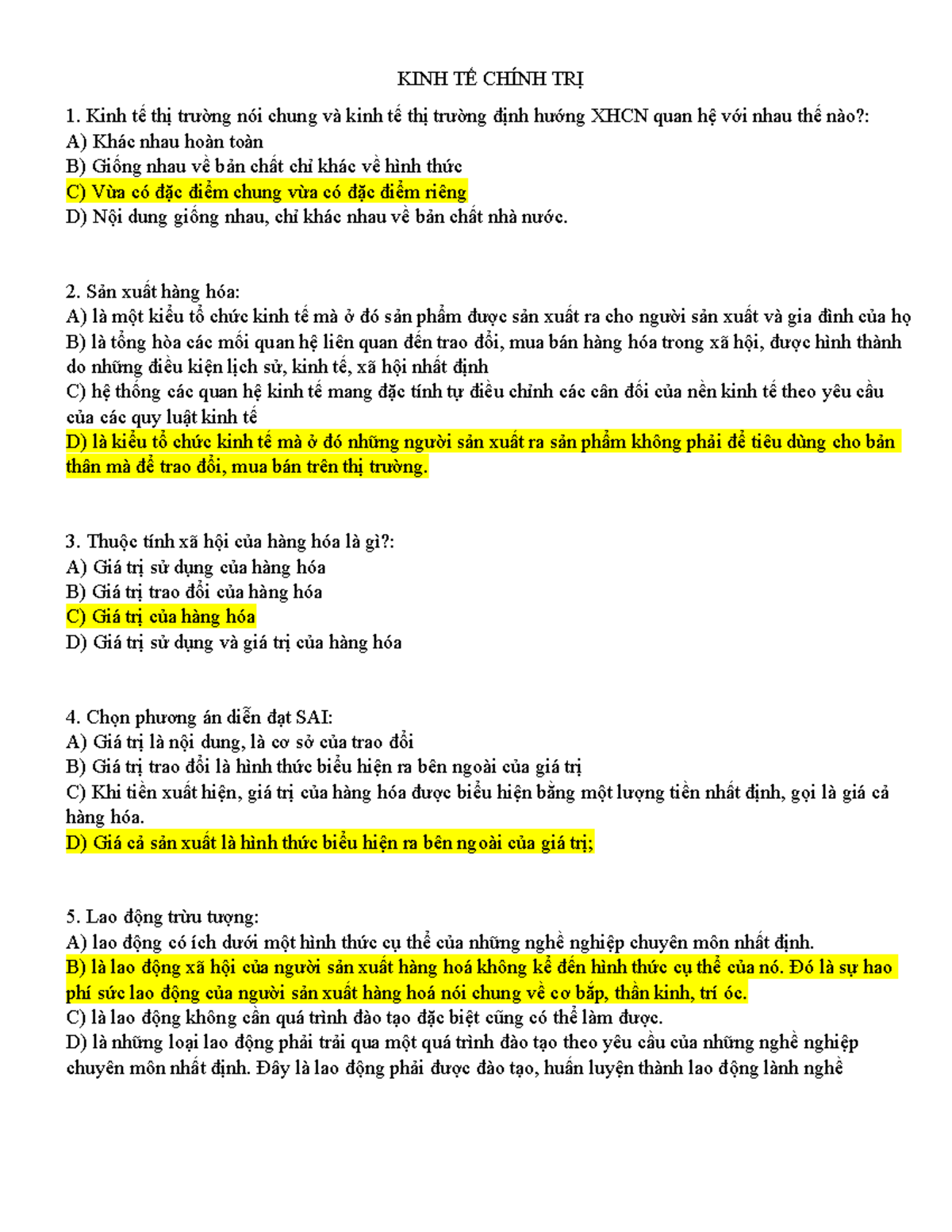 Trắc nghiệm cuối kì - KINH TẾ CHÍNH TRỊ Kinh tế thị trường nói chung và ...