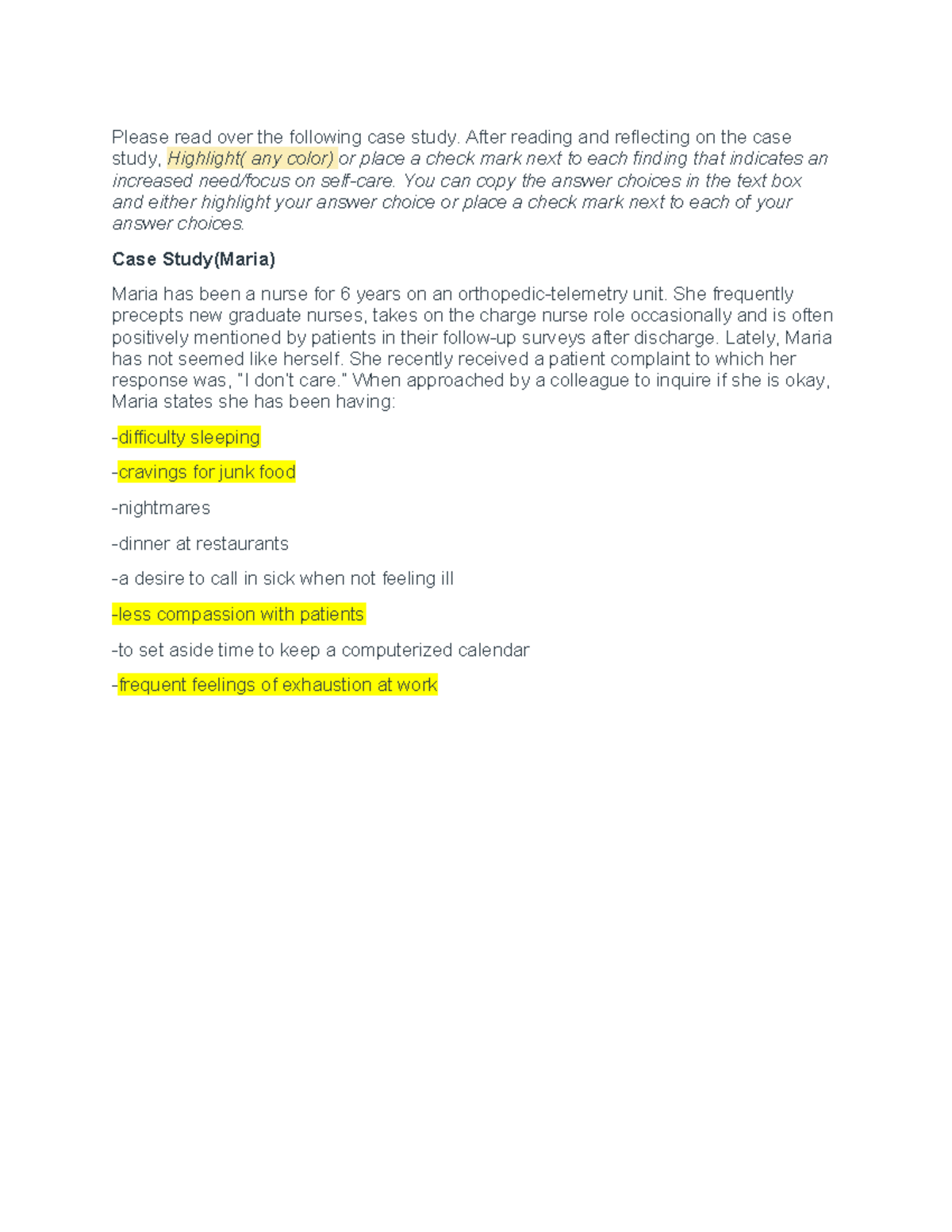 Self Care Case Study - My notes - Please read over the following case ...