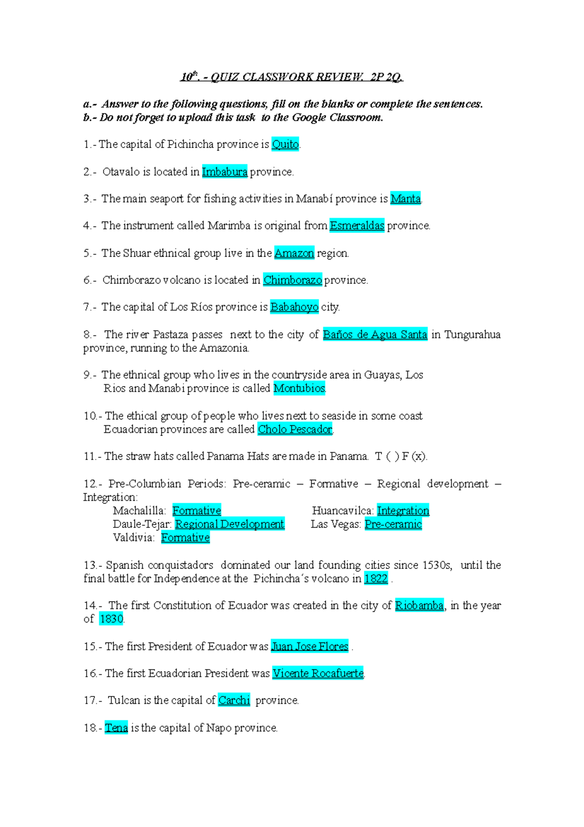 Social Studies 10th. - QUIZ Classwork Review. 2P 2Q - 10 th. - QUIZ ...