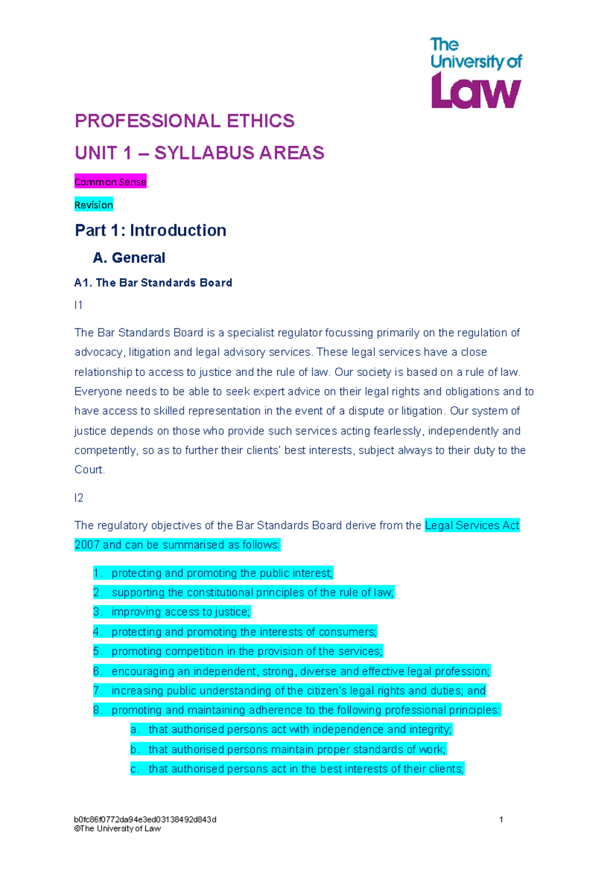 BSB Handbook - PROFESSIONAL ETHICS UNIT 1 – SYLLABUS AREAS Common Sense ...