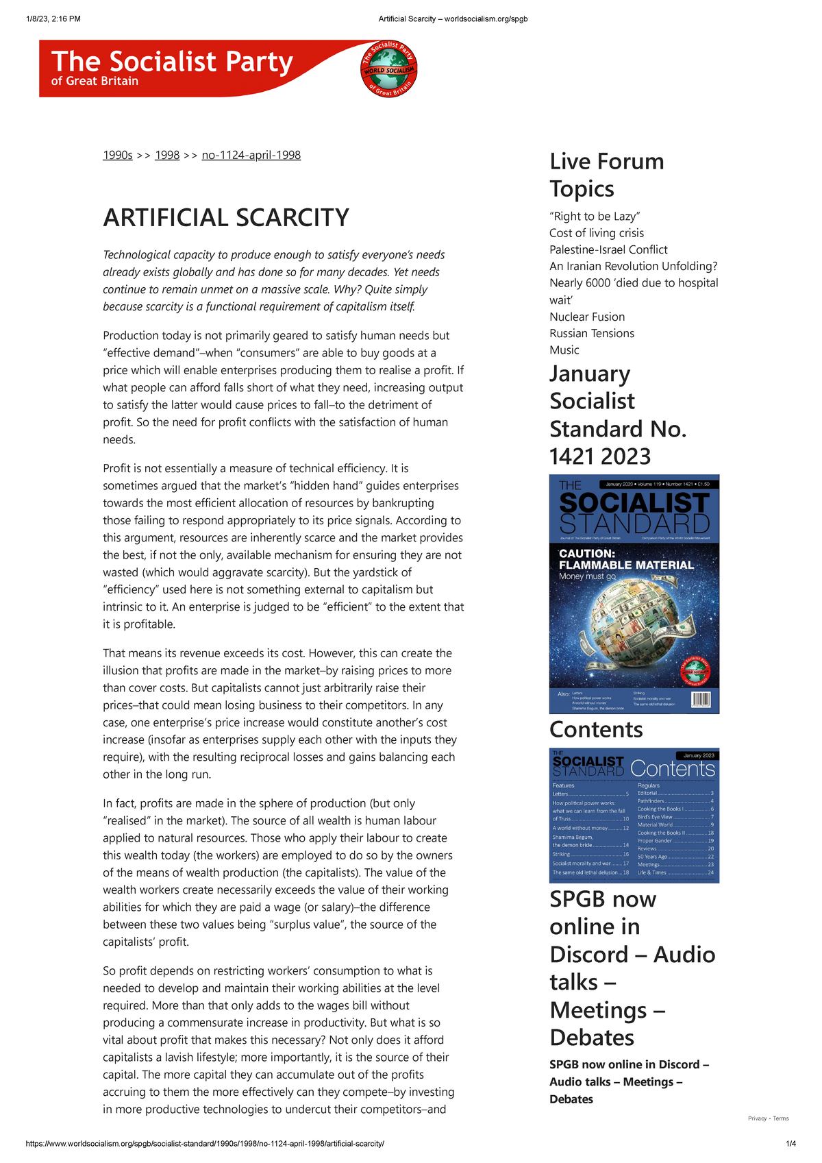 Cox, Artificial Scarcity - 1990s >> 1998 >> no-1124-april- ARTIFICIAL ...