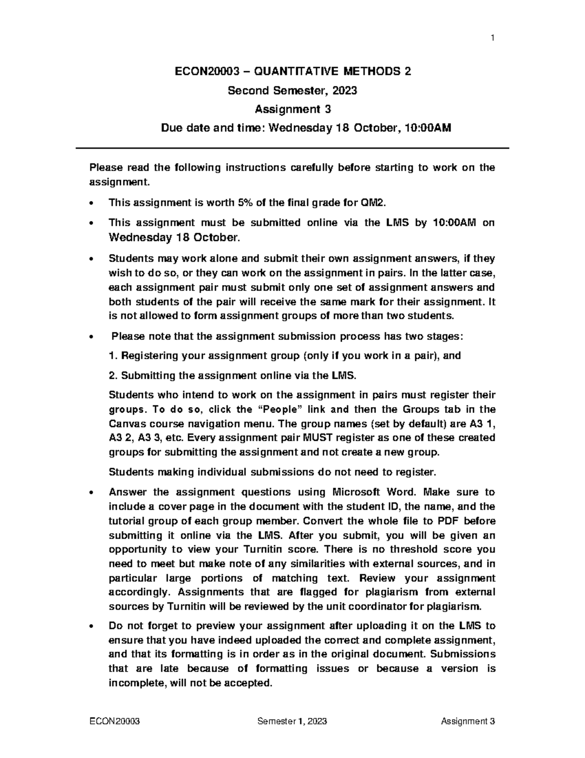 Assignment 3 Ahnrt 1 Econ20003 Semester 1 2023 Assignment 3 Econ20003 Quantitative