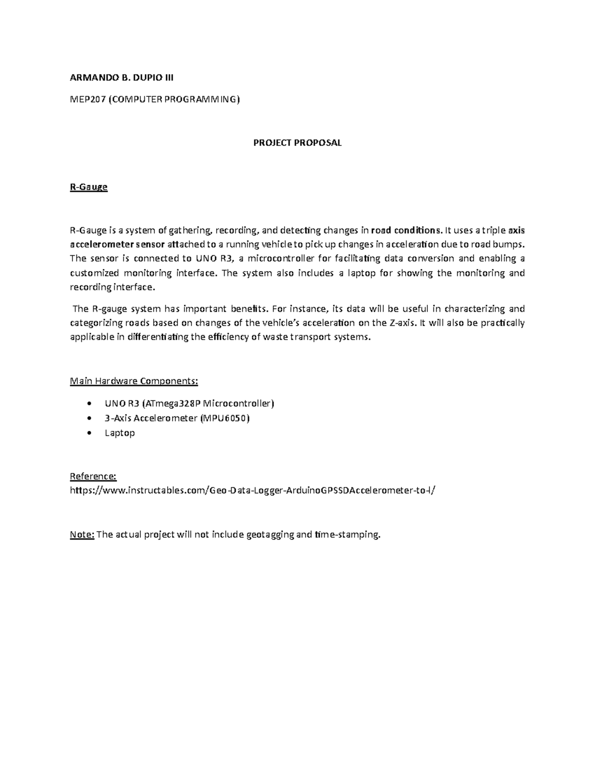 Dupio - MEP207 Project Proposal (Accelerometer) - ARMANDO B. DUPIO III ...