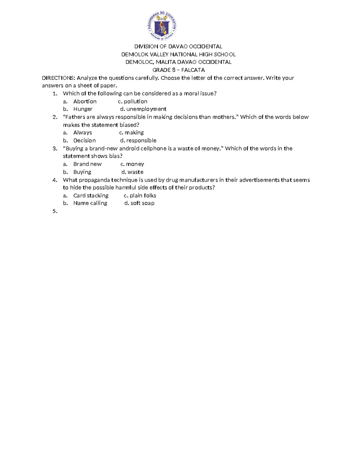 1ST Quarter EXAM ORAL comm - DIVISION OF DAVAO OCCIDENTAL DEMOLOK ...