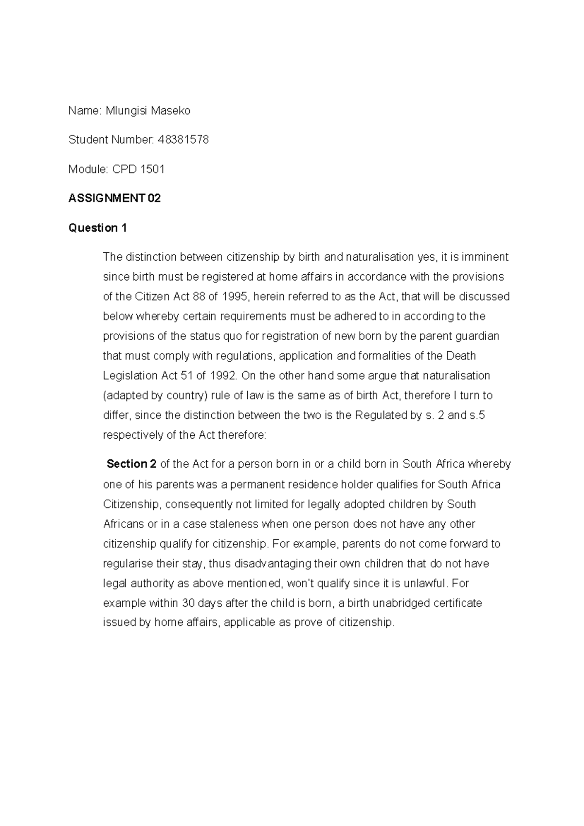 CPD 1501 Assignment 2 - Name: Mlungisi Maseko Student Number: 48381578 Module: CPD 1501 ...