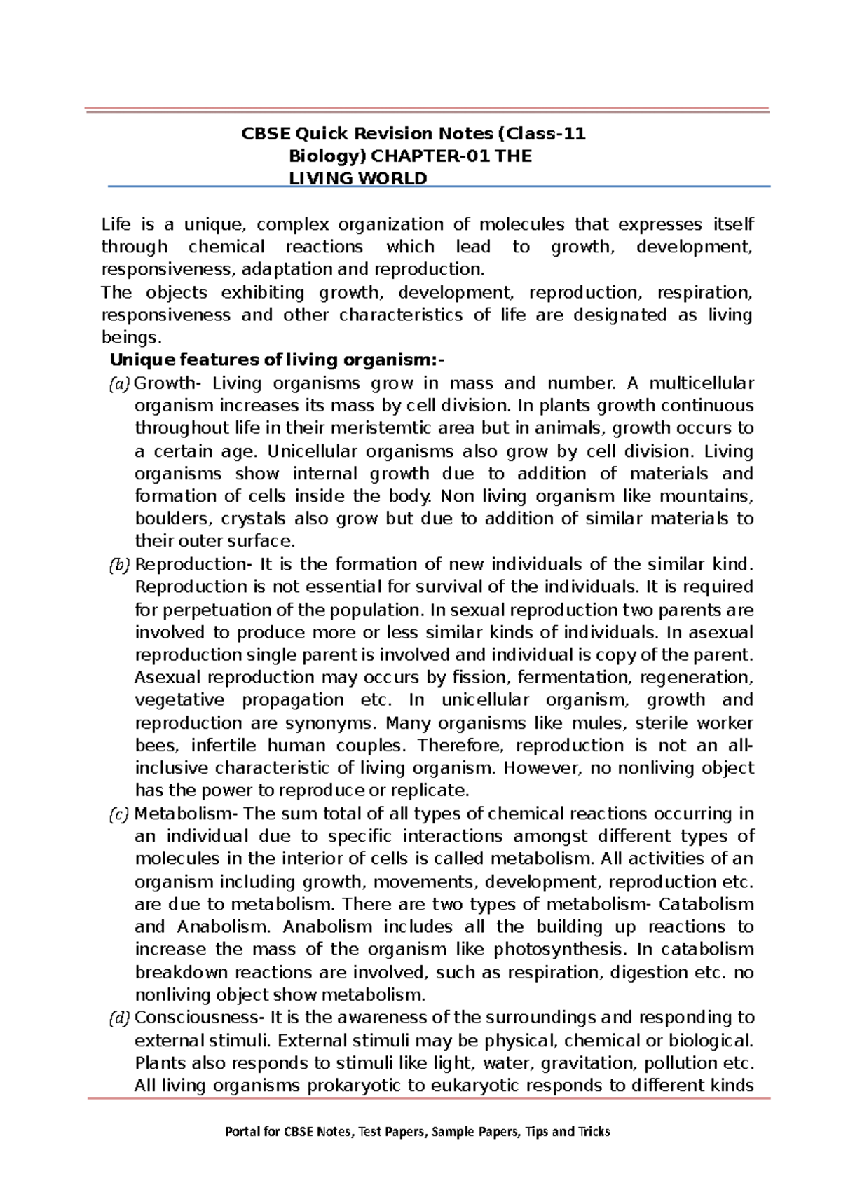 11 biology notes ch01 the living world - CBSE Quick Revision Notes ...