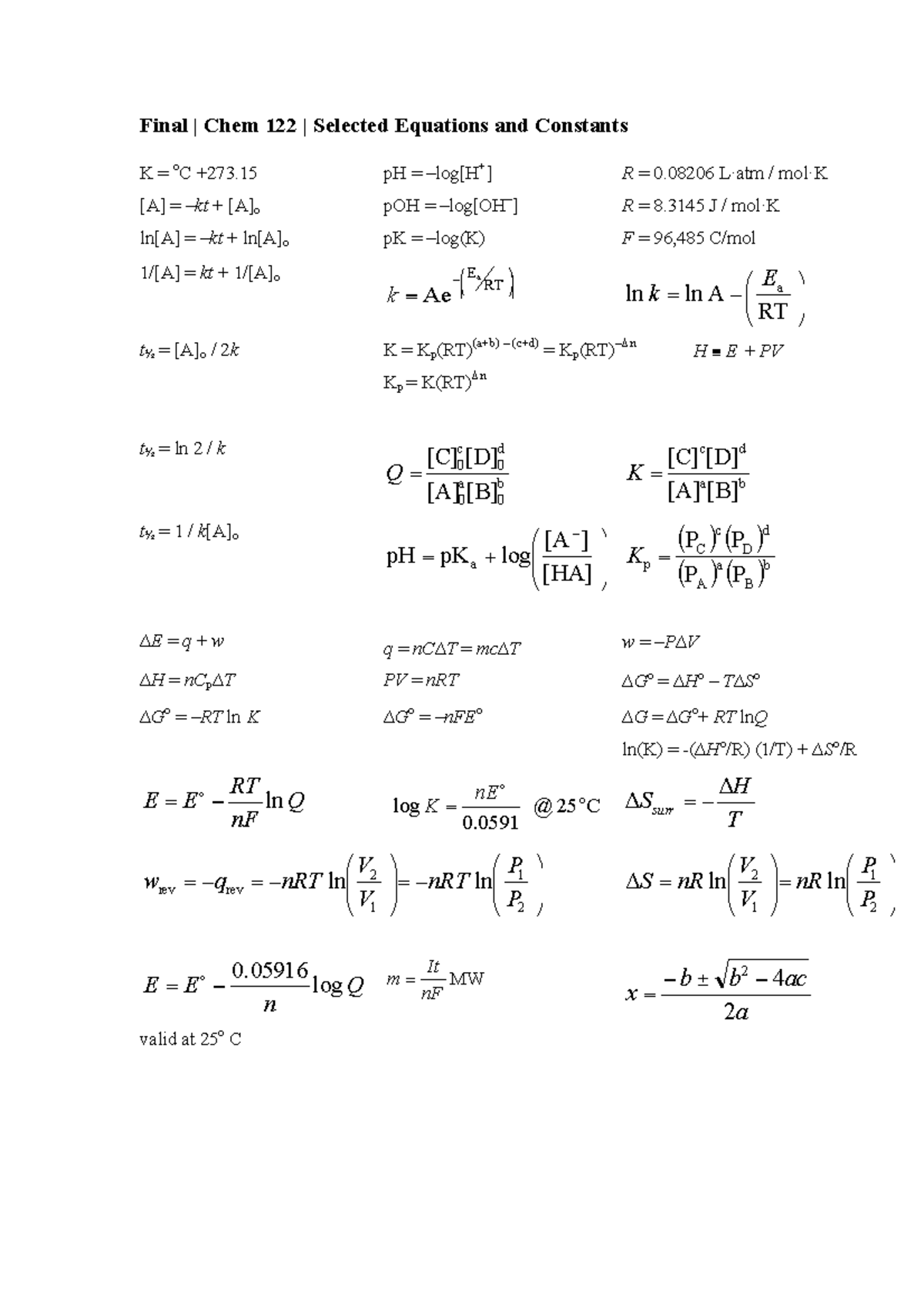 Eq and Consts Chem 122 Final - Final | Chem 122 | Selected Equations and Constants K = o C +273 ...