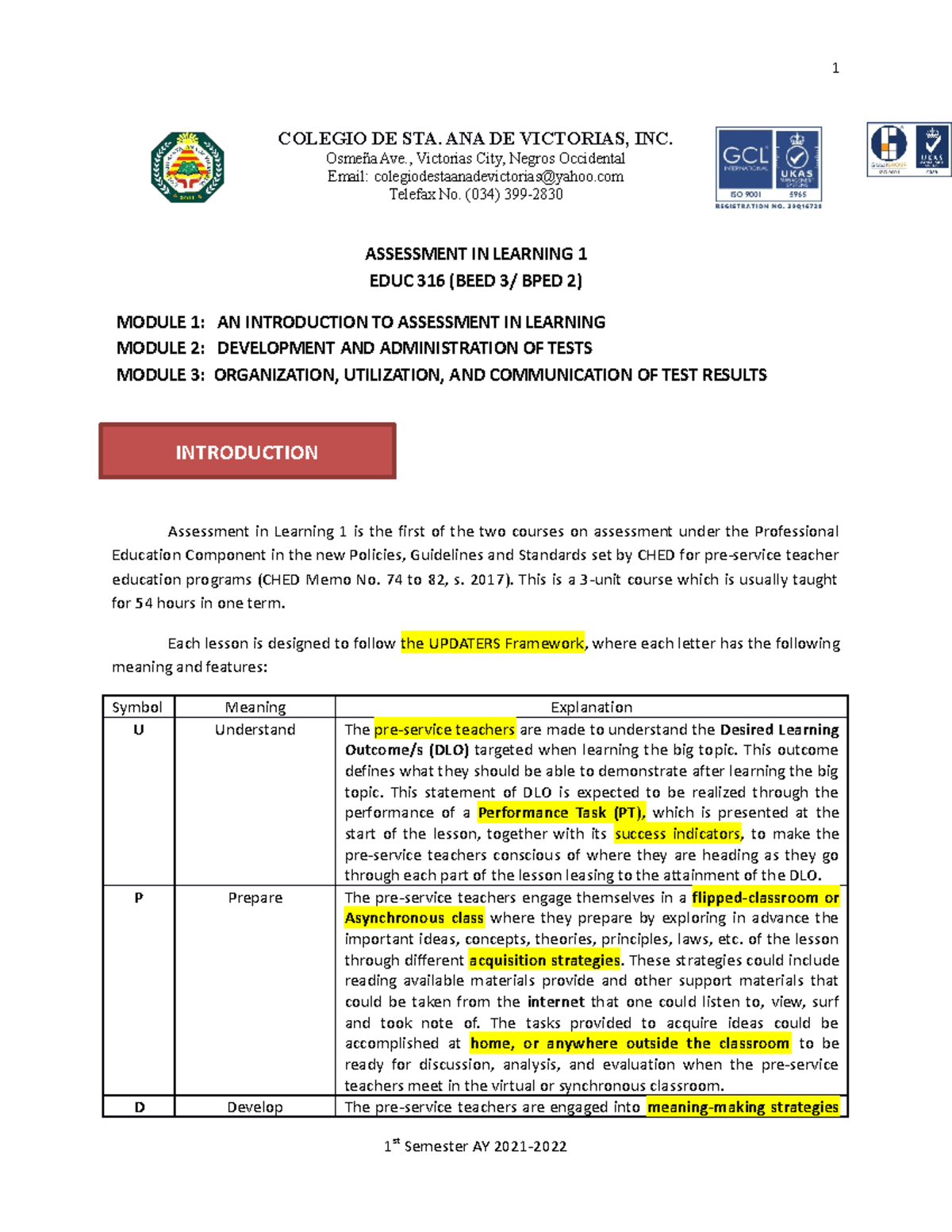 Introduction to Assessment in Learning 1 - 1 COLEGIO DE STA. ANA DE ...