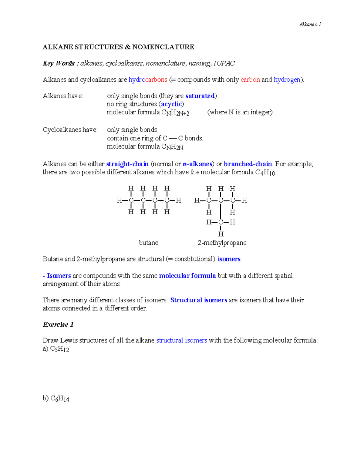 1-Alkane Nomenclature - ALKANE STRUCTURES & NOMENCLATURE Key Words ...