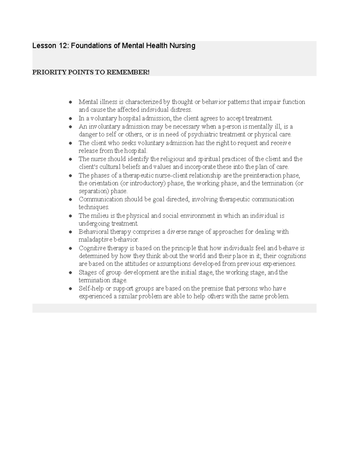 Lesson 12 Foundations of Mental Health Nursing - Lesson 12: Foundations ...