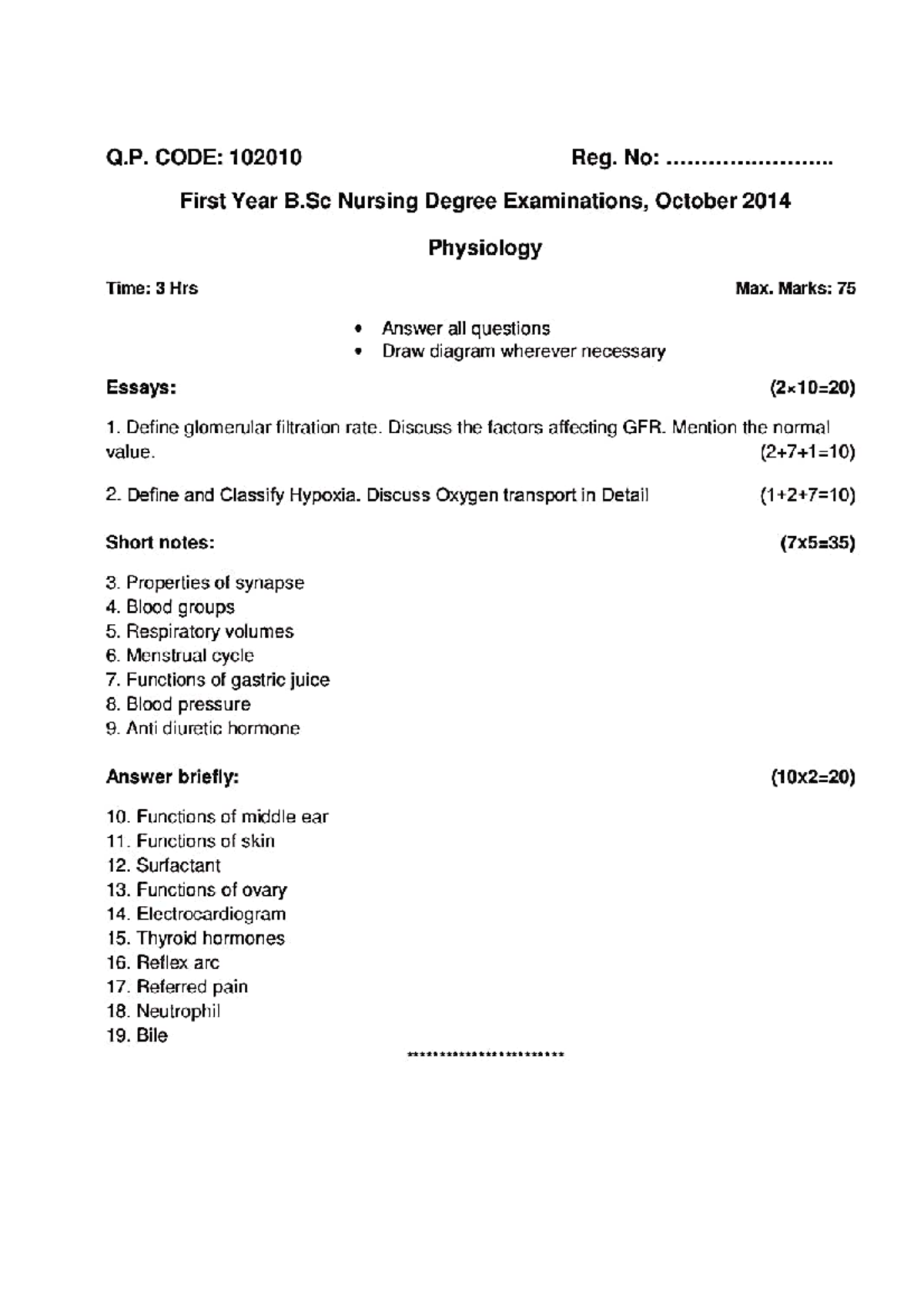 Anatomy and Physiology first semester previous year question - Bsc ...