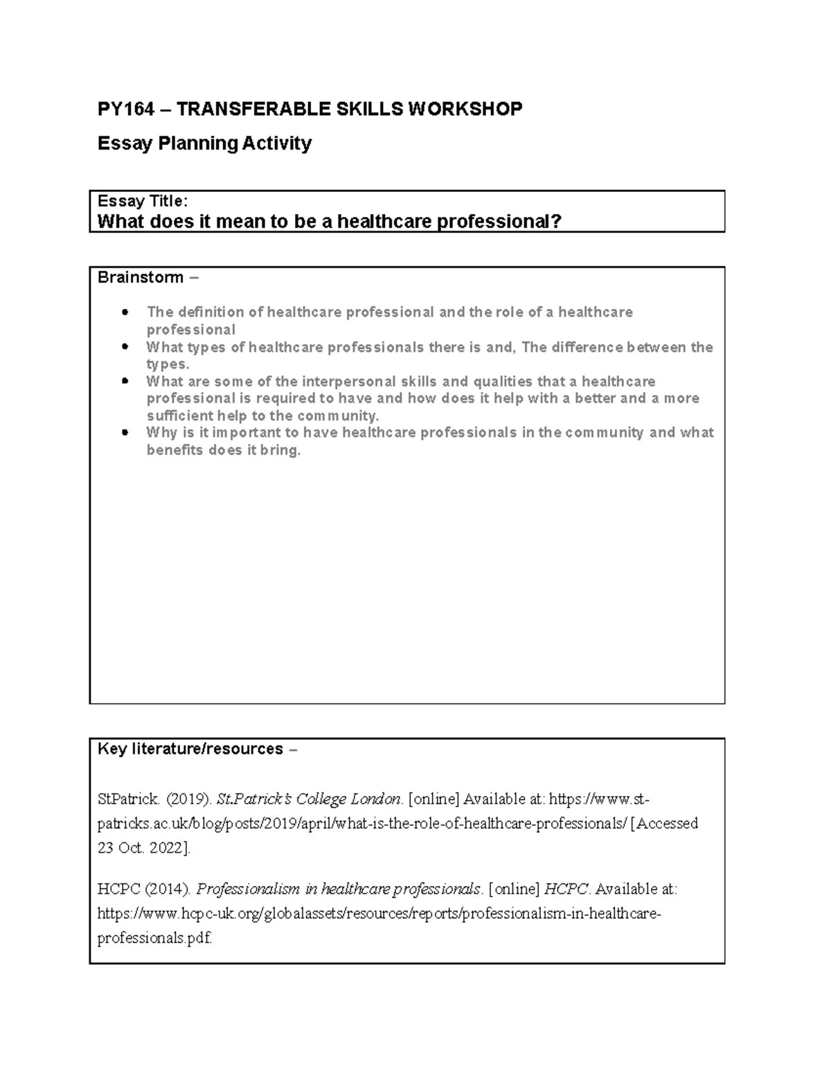 Essay Planning Activity Template - PY164 – TRANSFERABLE SKILLS WORKSHOP ...