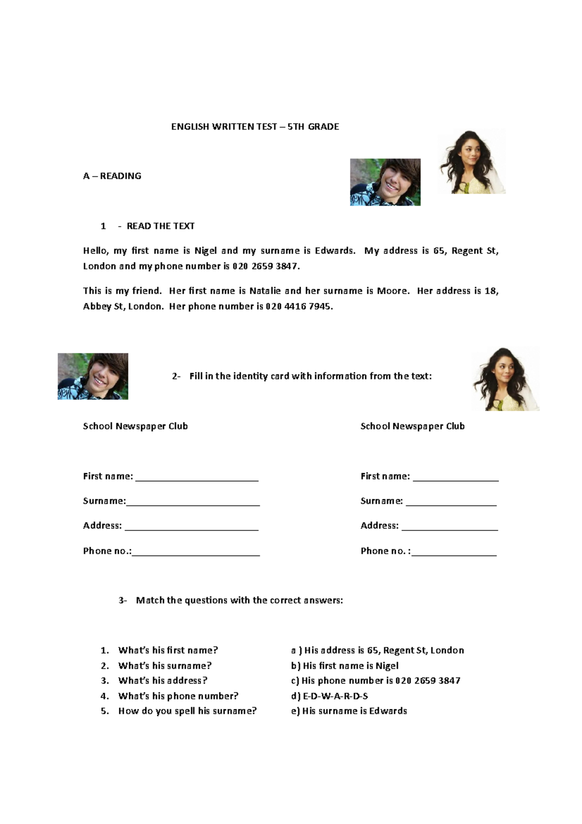 English Written TEST - ENGLISH WRITTEN TEST – 5TH GRADE A – READING 1 ...