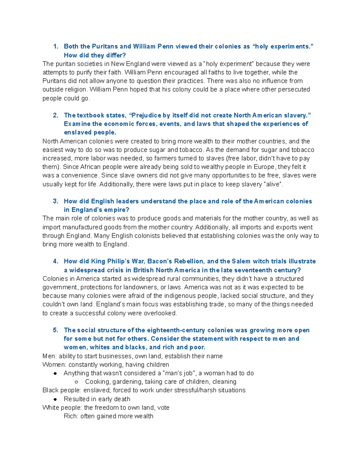 Sam Thomas - HW Due Tuesday, 9 20-2 - 1. Both the Puritans and William Penn viewed their ...