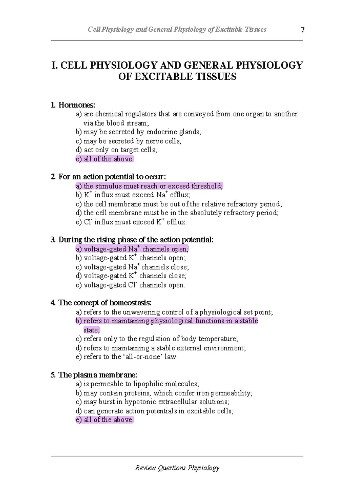 Mcq Physio - Cell Physiology and General Physiology of Excitable Tissues 7 I. CELL PHYSIOLOGY ...