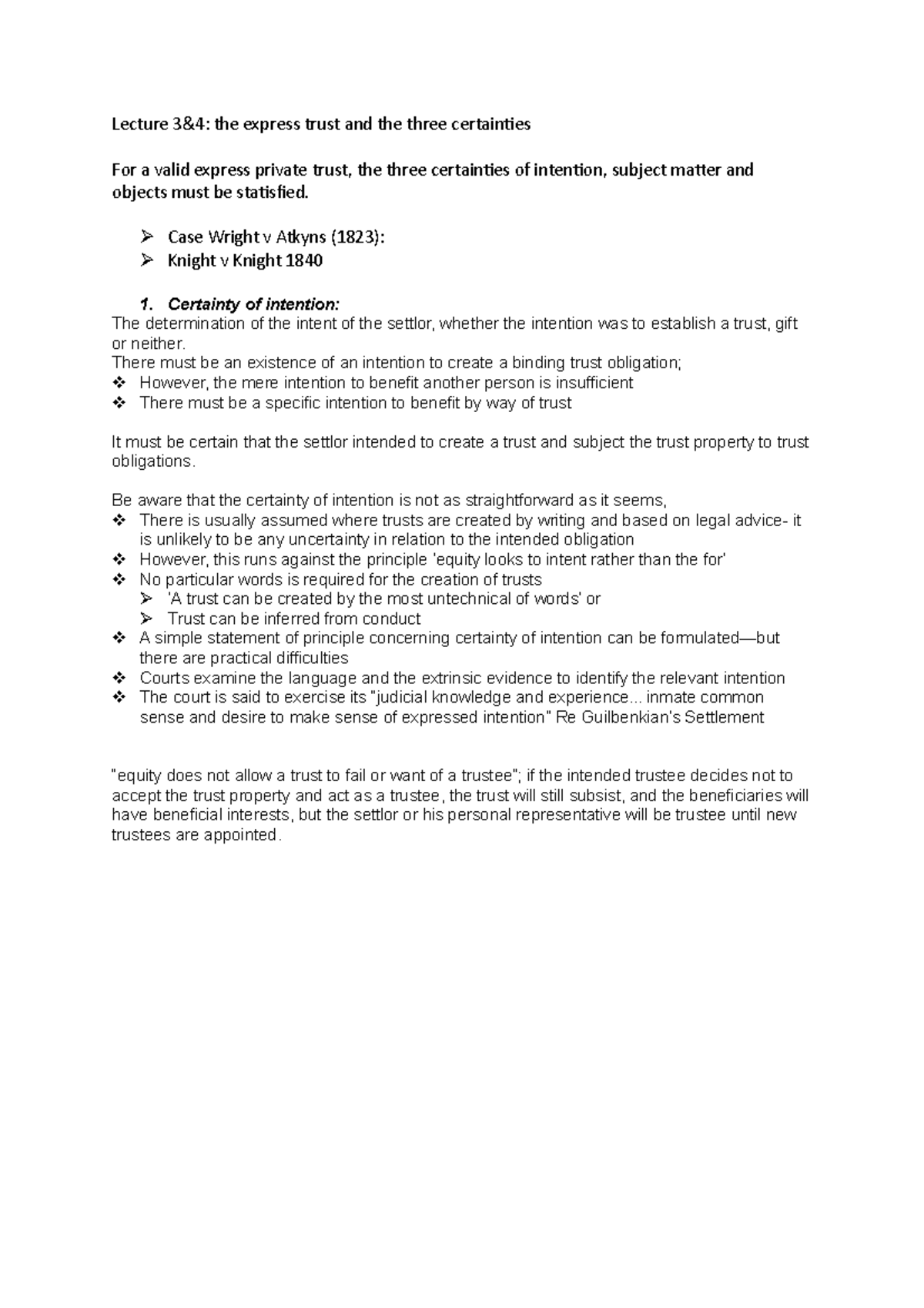 Lecture 3 - Trusts and Equity Law - Lecture 3&4: the express trust and the three certainties For ...