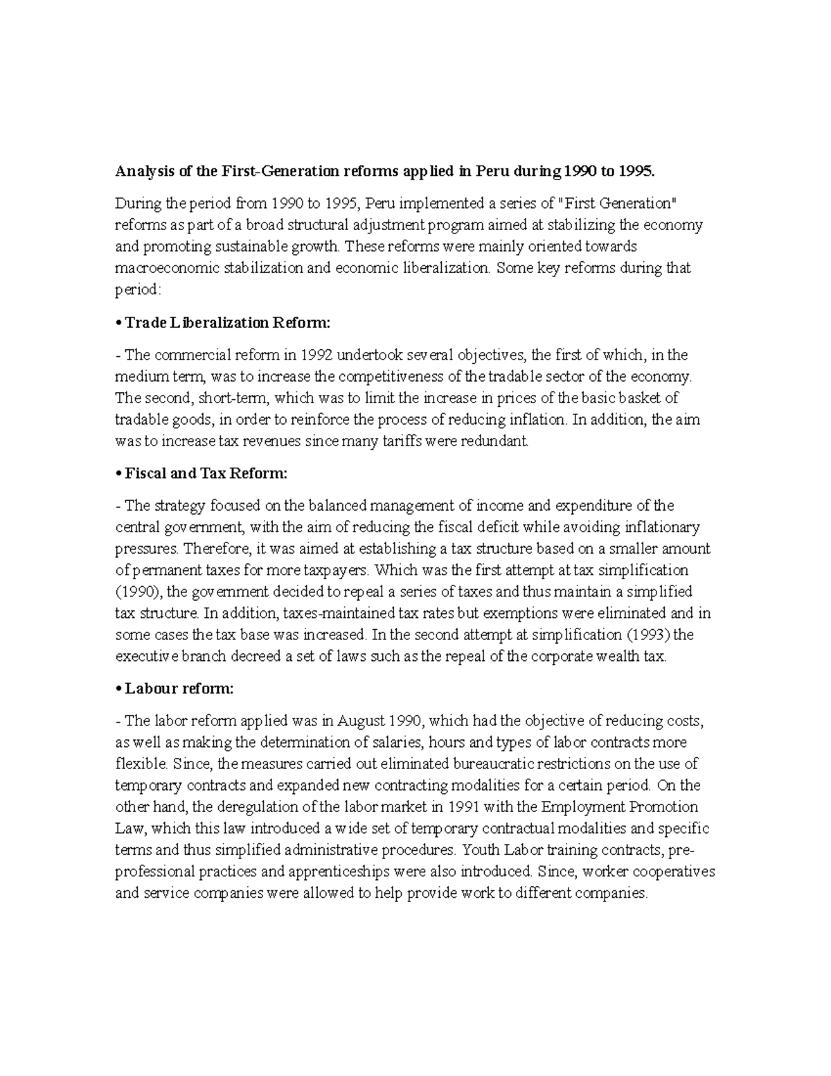 Analysis- peruvian economy - Analysis of the First-Generation reforms ...