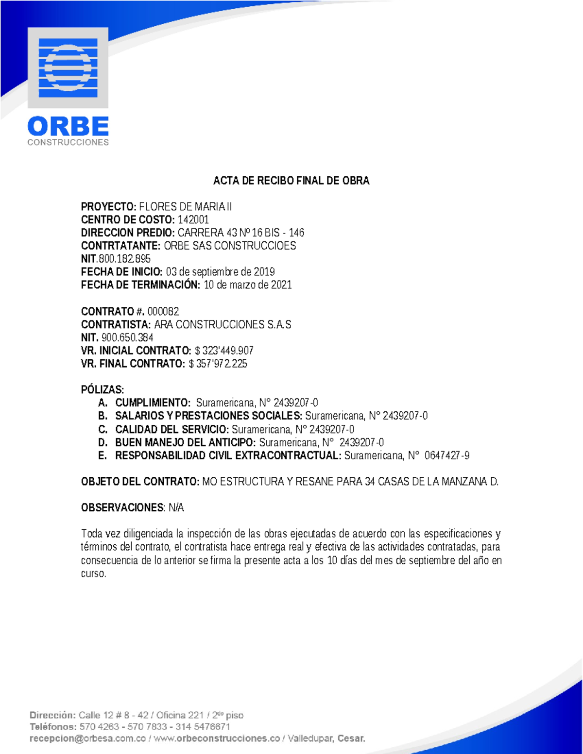 ACTA Recibo Final DE OBRA ARA Construcciones 000082 - ACTA DE RECIBO ...
